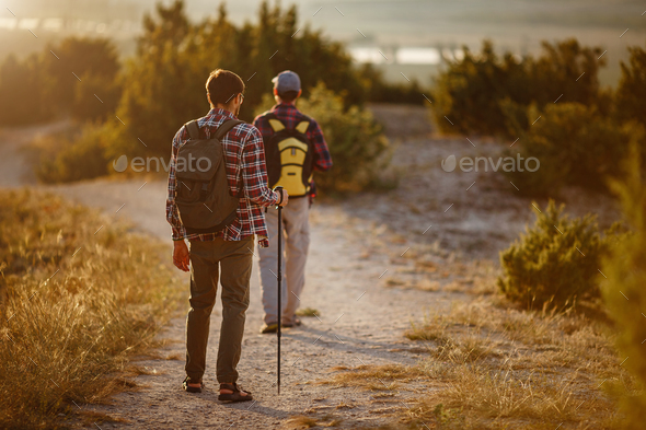 two men hikers enjoy a walk in nature, sunset time in summer Stock ...