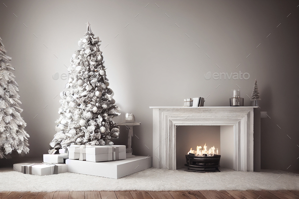 cozy white Christmas interior with fireplace and tree Stock Photo by ...