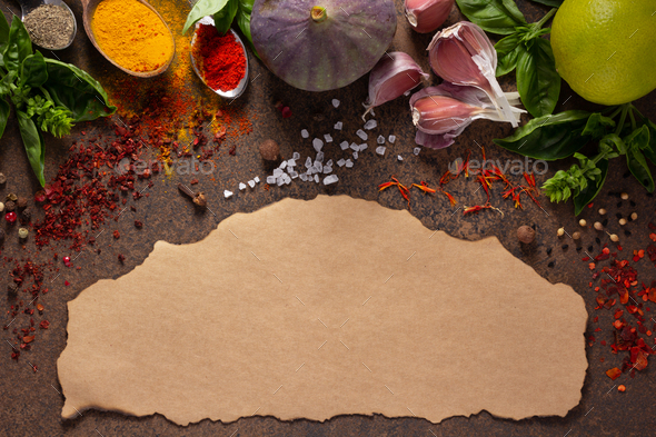 Variety of spices and herbs at table background. Cooking concept and ...