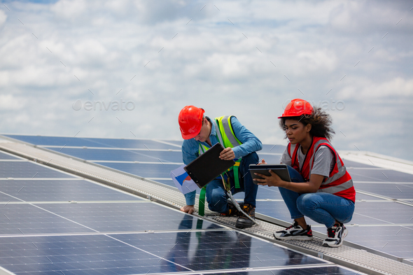 technician engineer working on checking maintenance service with solar ...