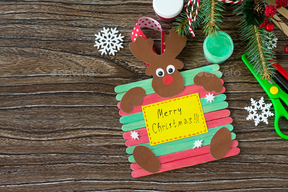 Santa and Reindeer stick gift. Handmade. Project of children's ...