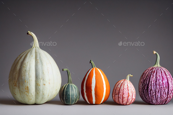 different gourd colours and shapes side by side on a studio minimal ...