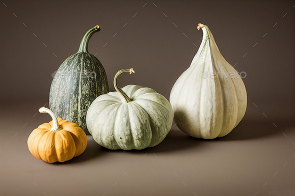 different gourd colours and shapes side by side on a studio minimal ...