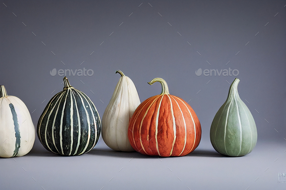 different gourd colours and shapes side by side on a studio minimal ...