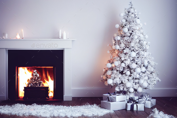 cozy white Christmas interior with fireplace and tree Stock Photo by ...