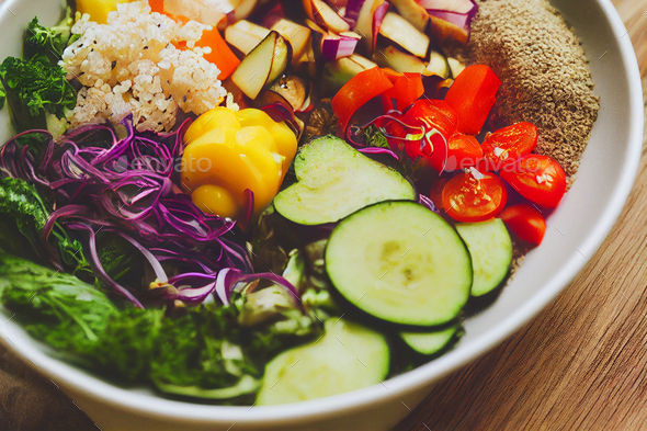 Buddha bowl with mixed vegetables, healthy and nutritious vegan flour, healthy food concept ...