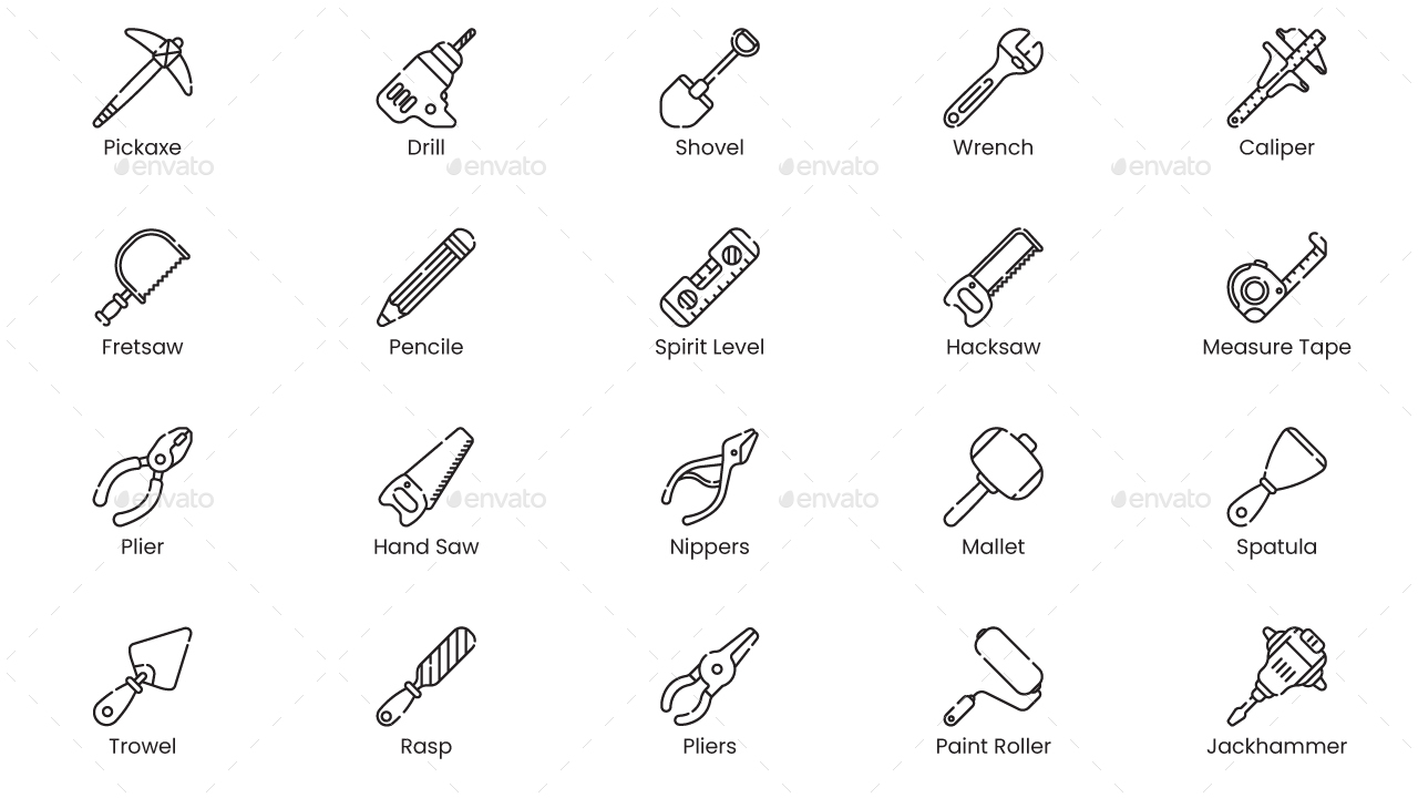 Construction Tools Outline Icons, Icons | GraphicRiver