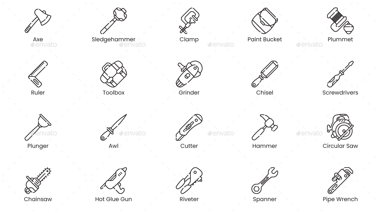 Construction Tools Outline Icons, Icons | GraphicRiver