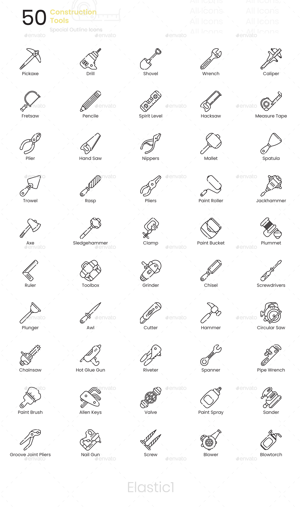 Construction Tools Outline Icons, Icons | GraphicRiver