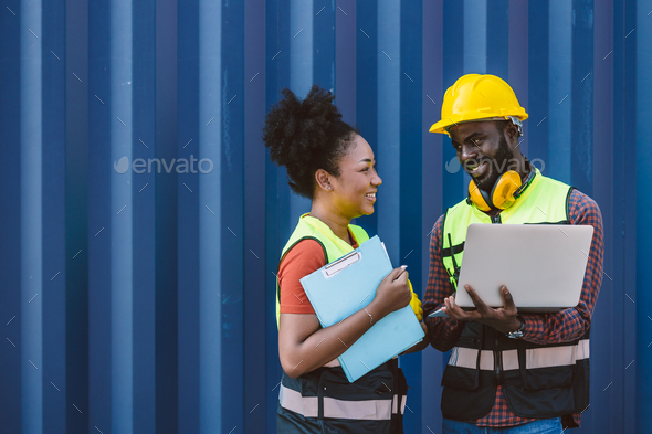African American customs team staff worker together shipping port ...