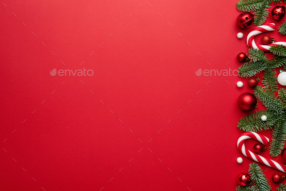 Red background with holiday border and Christmas balls, for Christmas ...