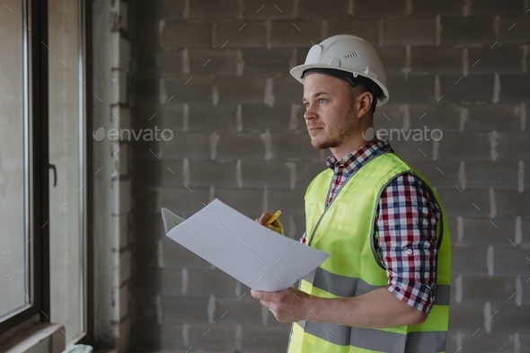 fire safety engineer makes a draft of the evacuation exit from the ...