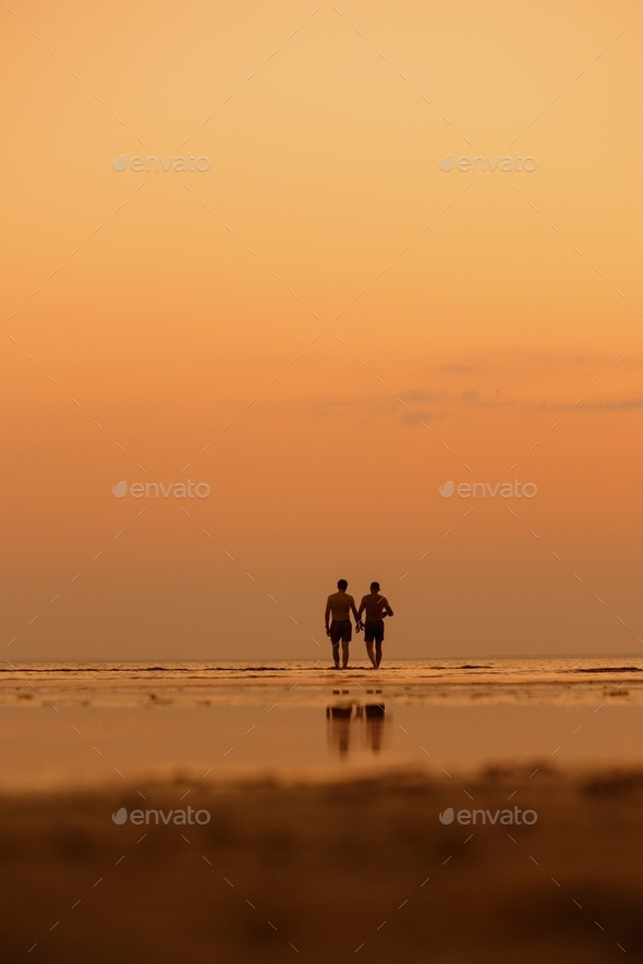 Two men on the beach at sunset going into the water and talking Stock ...