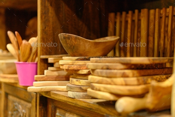 shop with handmade wooden objects made of olive wood Stock Photo by ...