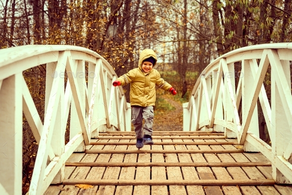 kid boy runs and jumps on bridge in fall park. child walks or travels ...