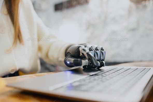 cyber woman in a public place. bionic prosthetics of hands and forearms ...