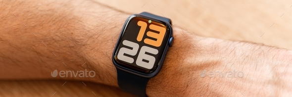 male hand wrist smart apple watch. man people use modern technology ...