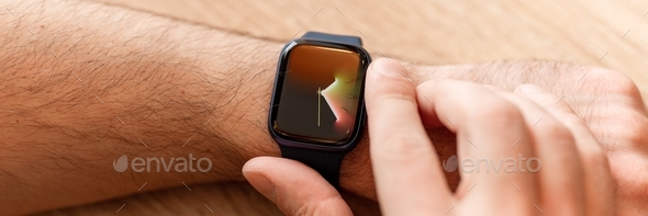 male hand wrist smart apple watch. man people use modern technology ...