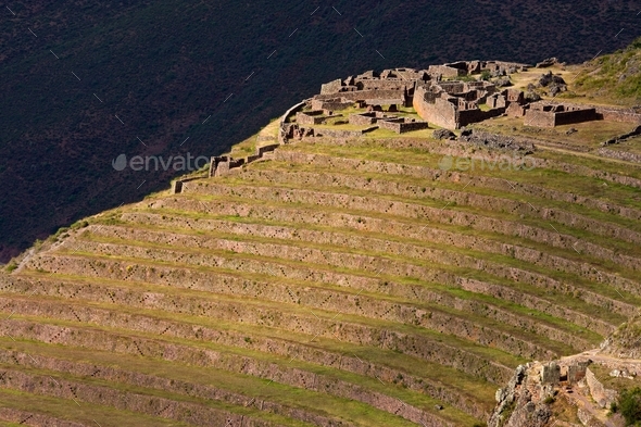 Inca ruins and terraces at Qantus Raqay in the Sacred Valley of the ...