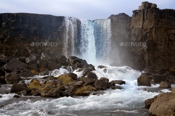 Waterfall in a part of the rift valley at Thingvellar (Pingvellar ...