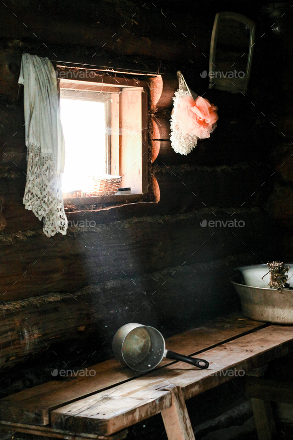 Interior details of Russian rustic wooden bathhouse. Relax, country ...