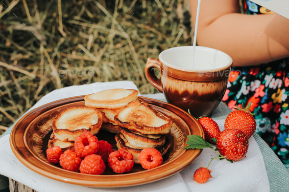 Summer picnic with pancakes, jam, berries and milk. Sweet summertime ...