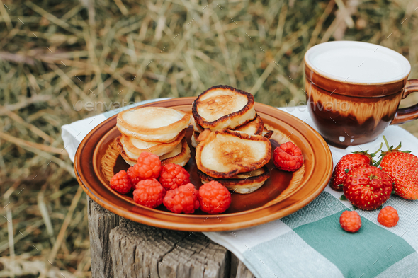 Summer picnic with pancakes, jam, berries and milk. Sweet summertime ...