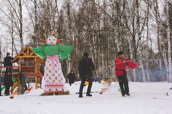 Fire show performance on Russian ethnic carnival Maslenitsa- Pancake ...