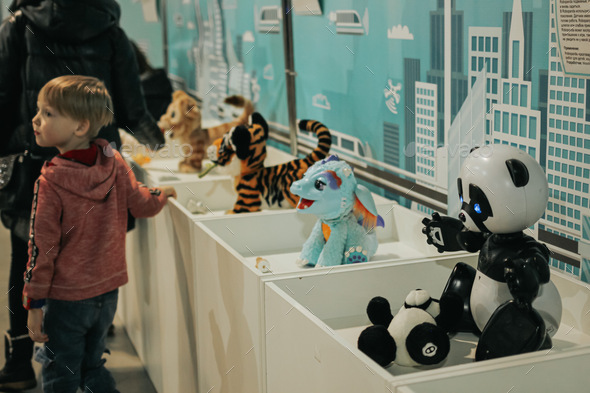 Futuristic interactive robot toy at exhibition of modern technologies ...