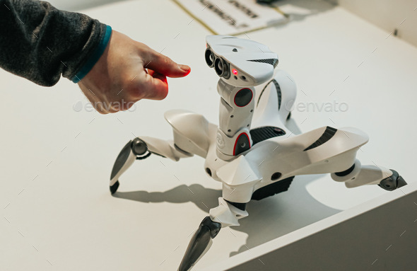Futuristic interactive robot toy at exhibition of modern technologies ...