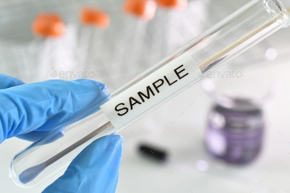 Testing swab being inserted test tube labeled sample, positive ...