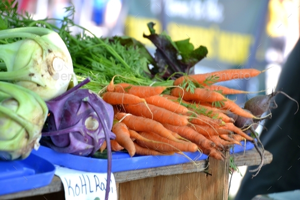 Fresh vegetables like carrots, beats, and kohlrabi or turnips for sale ...