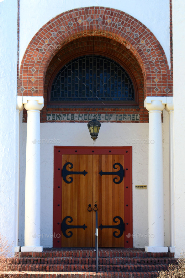 Ornate doors of a Jewish temple synagogue house of worship. Jew Israel ...