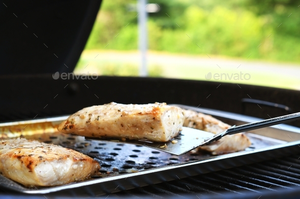 Grilling mahi-mahi or common dolphinfish fish on a charcoal grill using ...