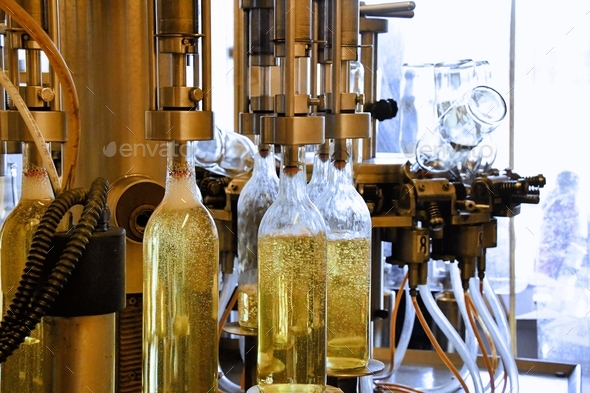 The process of bottling wine at a winery. Filling wine bottles with ...