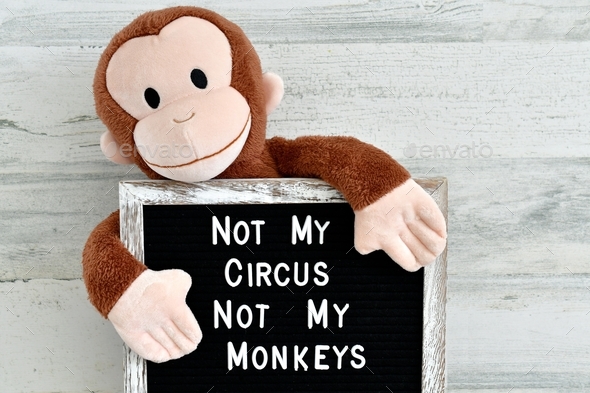 Stuffed animal monkey holding a message board sign saying, Not my ...