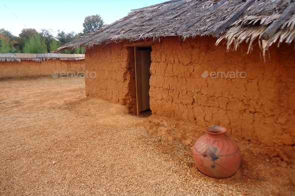 Orange Clay hut thatched roof clay pot 1700s West African Farm exhibit ...