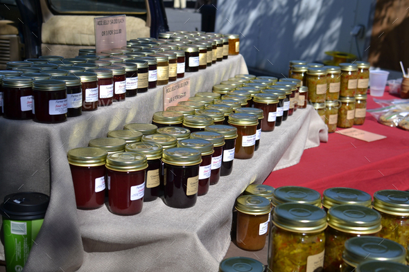 Homemade jams and jellies, preserves and pickles on sale and as samples ...