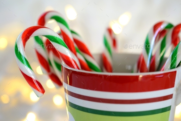Festive red and green candy canes in a striped Christmas mug with white ...