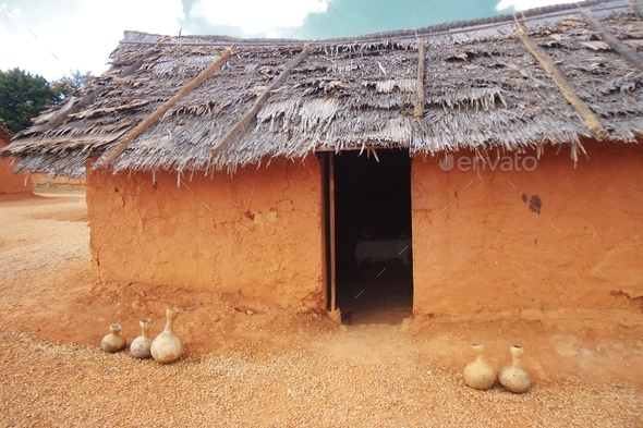 Traditional clay hut with thatched roof in West African Farm exhibit at ...