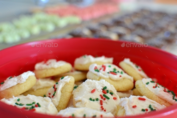 Holiday Christmas cookies with icing & sprinkles in a tin to be given ...