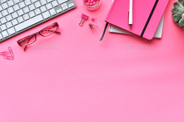 Pink desktop with keyboard notebook pink office school supplies flat ...