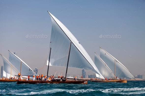 Traditional dhow race, boat race in Abu Dhabi, sailing Stock Photo by ...