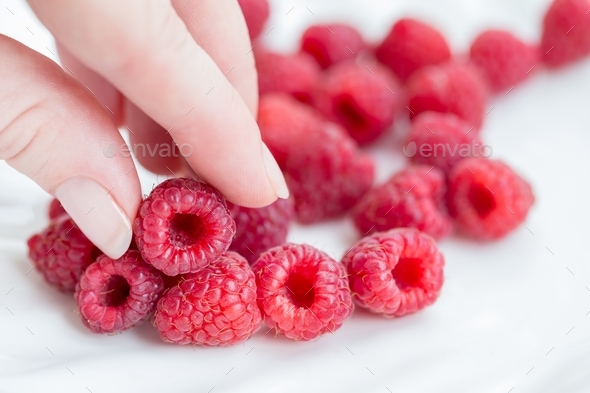 Picking fresh raspberries from the plate. Woman’s healthy lifestyle ...
