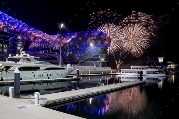 Fireworks in Yas Marina in Abu Dhabi, UAE Stock Photo by vinnikava