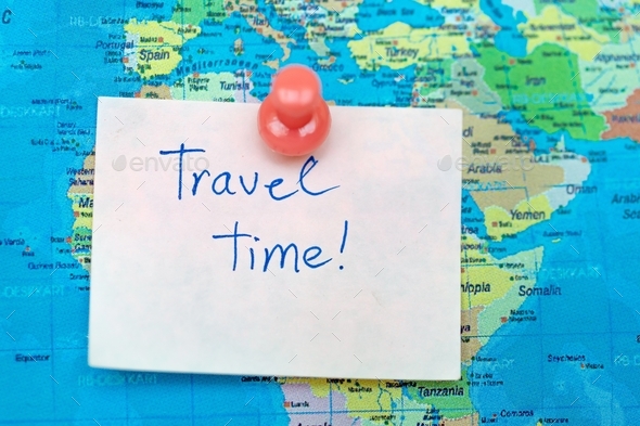 “Travel time” sticky note on a world map, travel illustrative editorial ...
