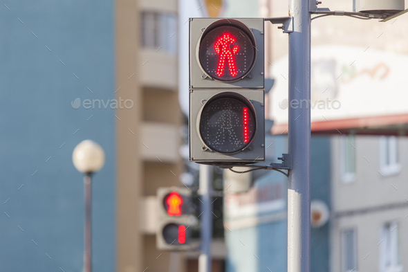 Red stop signal at pedestrian crossing, warning Stock Photo by vinnikava