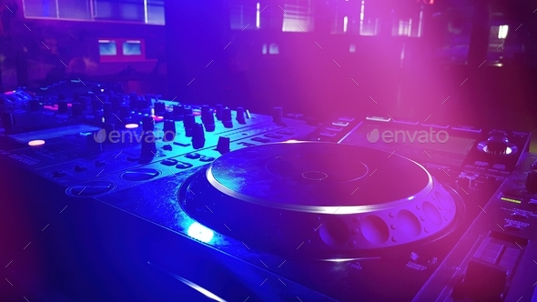 DJ booth at the night club with DJ console, closeup Stock Photo by ...