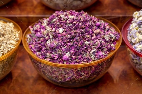Iran rose dried flowers at Dubai spice market, closeup Stock Photo by ...
