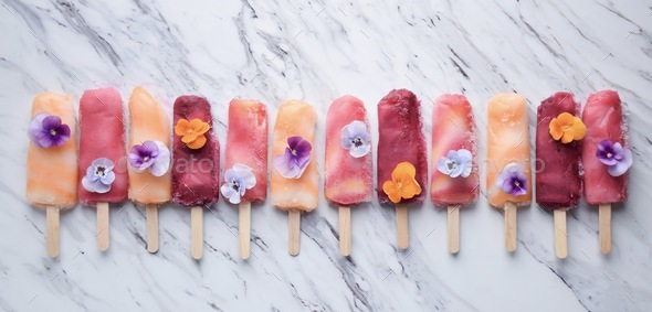 Colorful popsicle and violet flowers lined up in a row on a marble ...